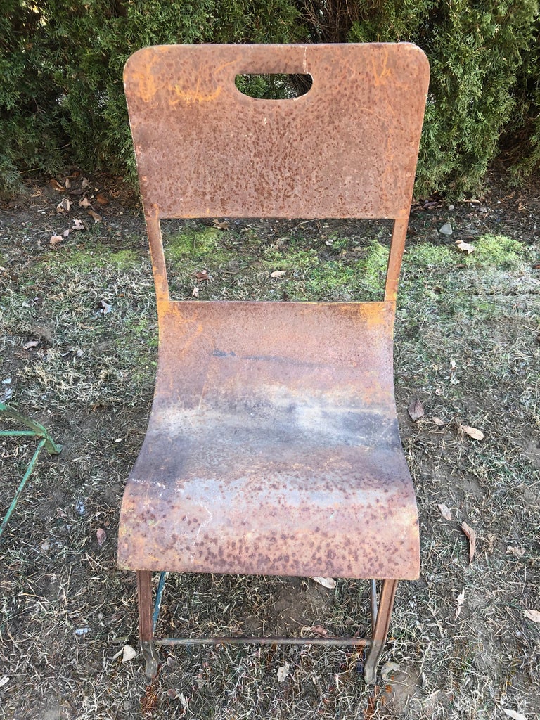 Set of Six French Steel Garden Chairs in Green Painted and Rusty ...