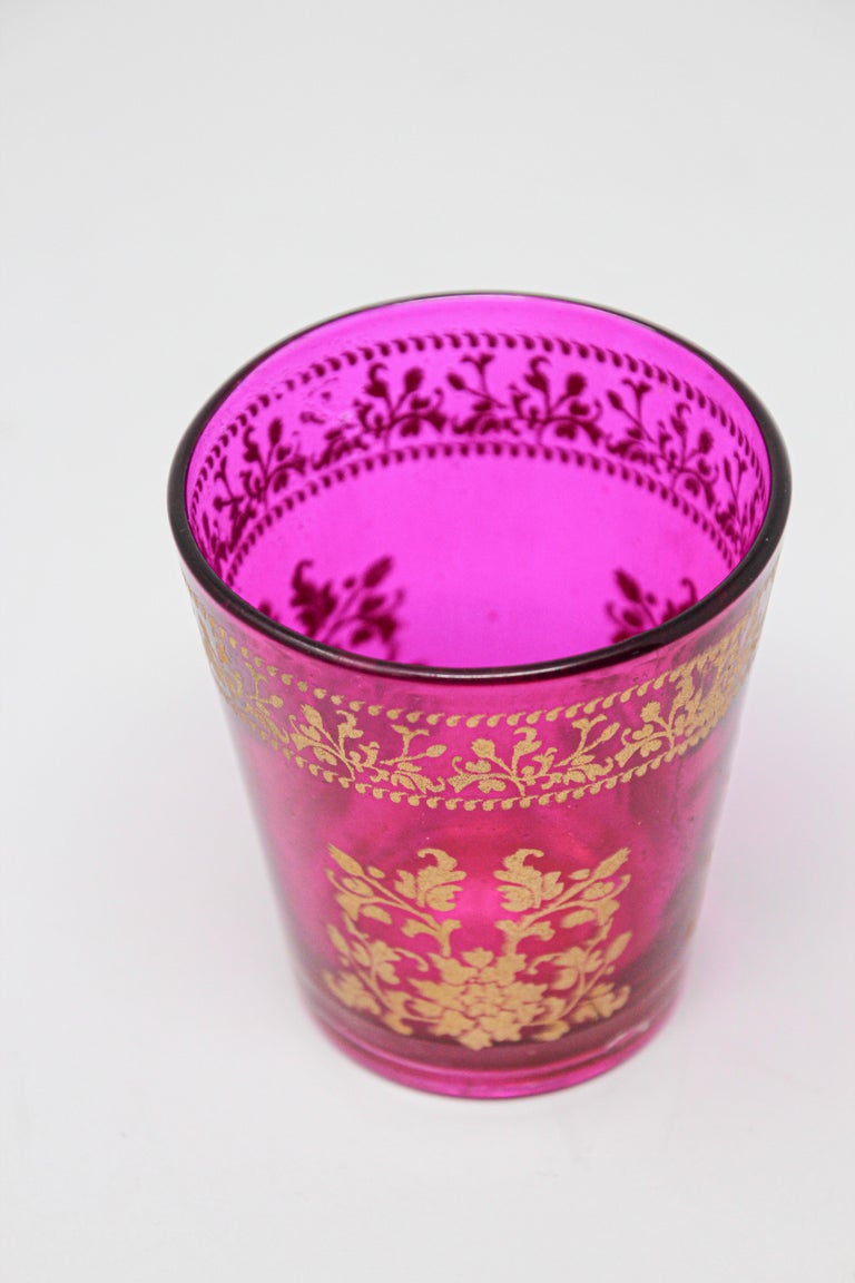 Set of Six Fuchsia Glasses with Gold Moorish Design at 1stDibs