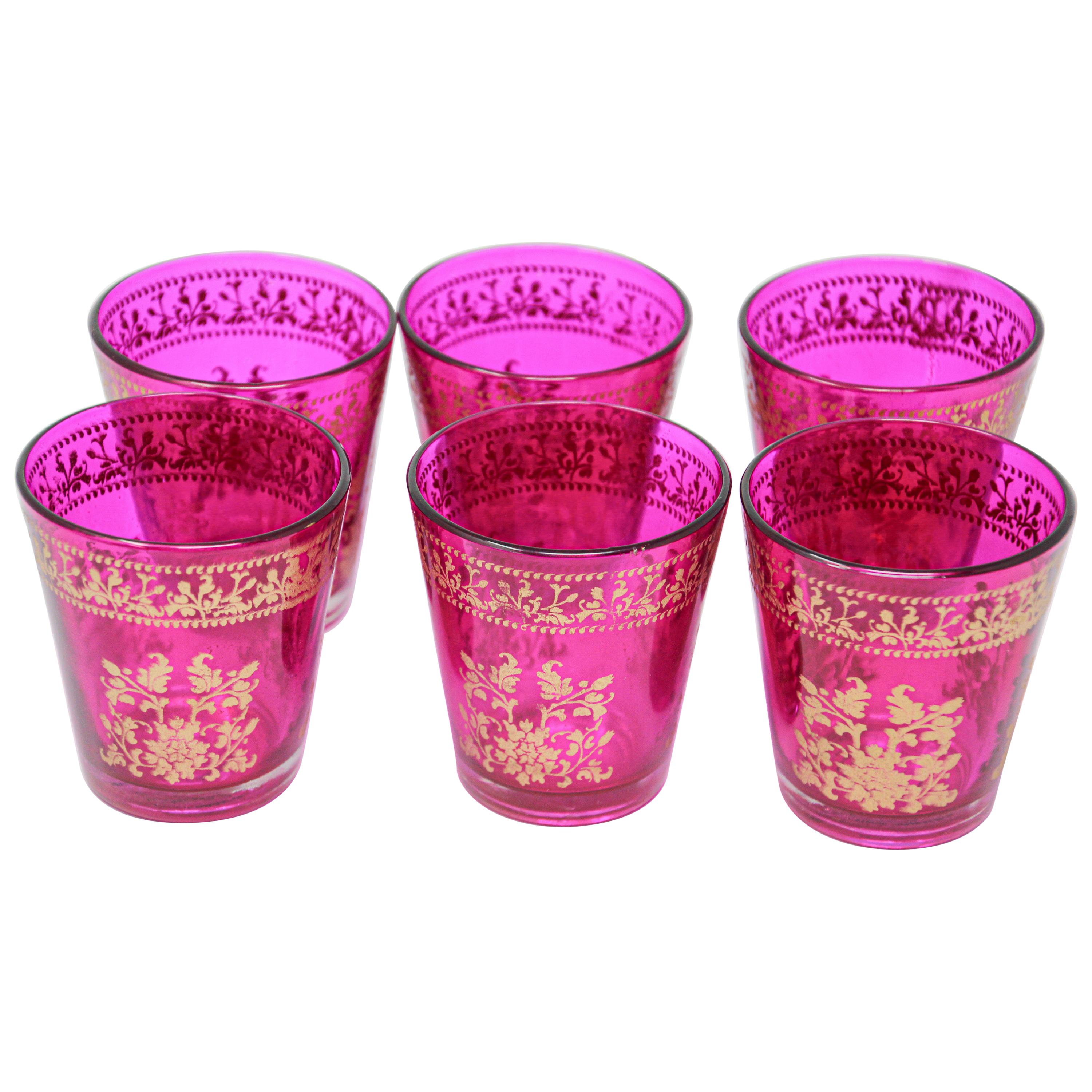 Set of Six Fuchsia Glasses with Gold Moorish Design at 1stDibs