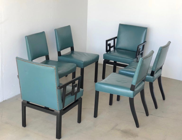 Set of Six Greek Key Turquoise Leather Ebonized Far East Baker Dining ...