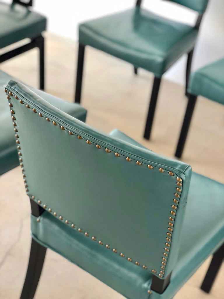 Set of Six Greek Key Turquoise Leather Ebonized Far East Baker Dining ...