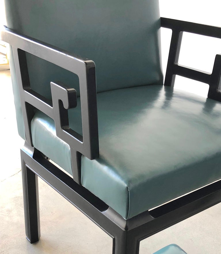 Set of Six Greek Key Turquoise Leather Ebonized Far East Baker Dining ...
