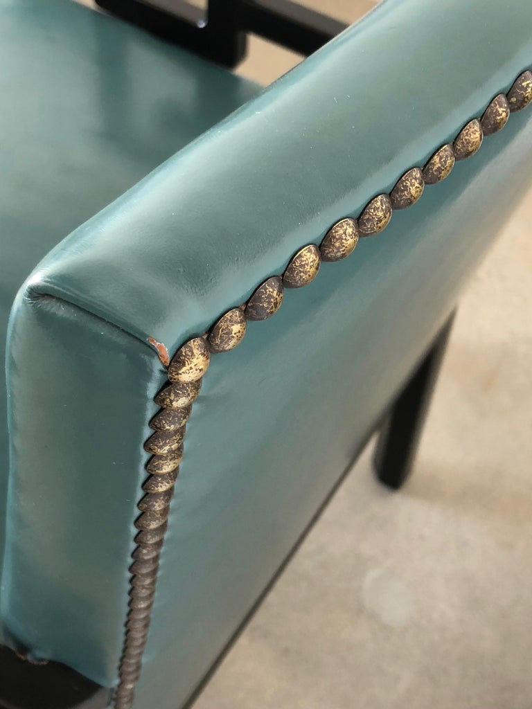 Set of Six Greek Key Turquoise Leather Ebonized Far East Baker Dining ...