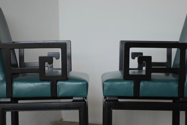 Set of Six Greek Key Turquoise Leather Ebonized Far East Baker Dining ...