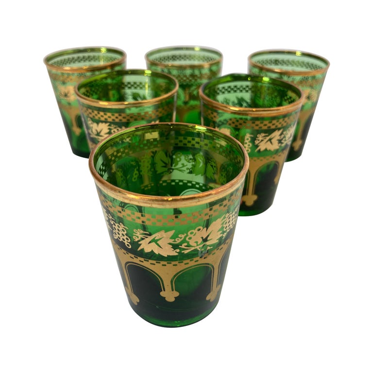 Set of Six Handblown Moroccan Green and Gold Glasses For Sale at 1stDibs