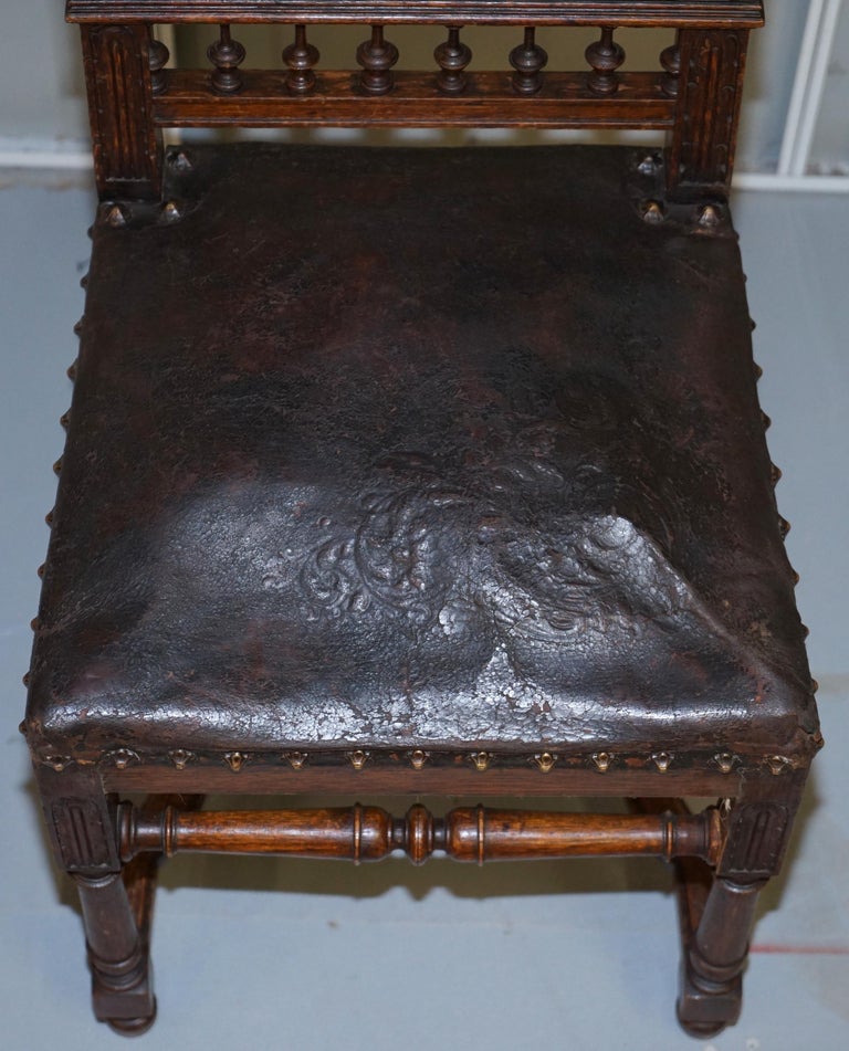 Set of Six Henry II circa 1880 French Oak and Embossed Leather Lion ...