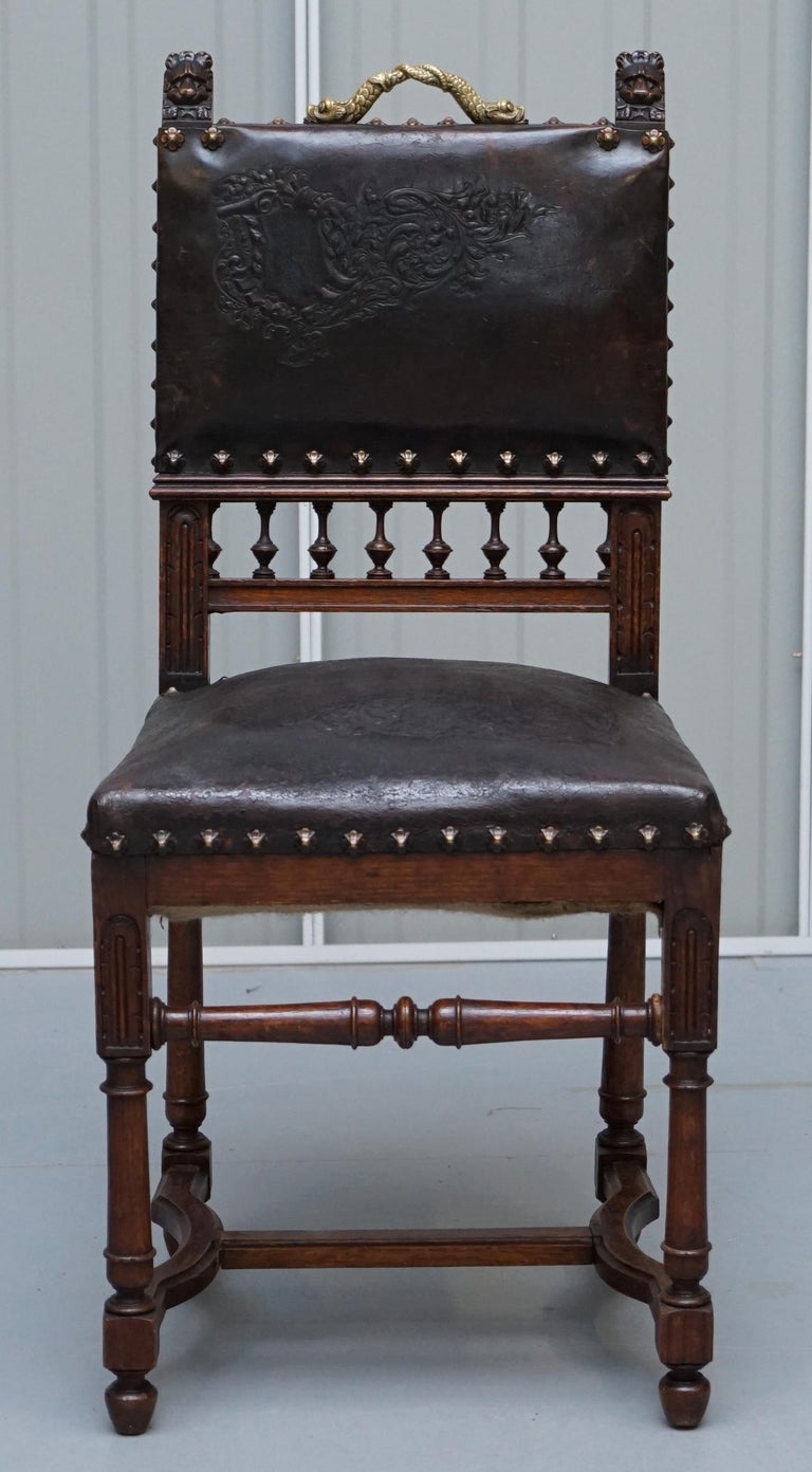 Set of Six Henry II circa 1880 French Oak and Embossed Leather Lion ...