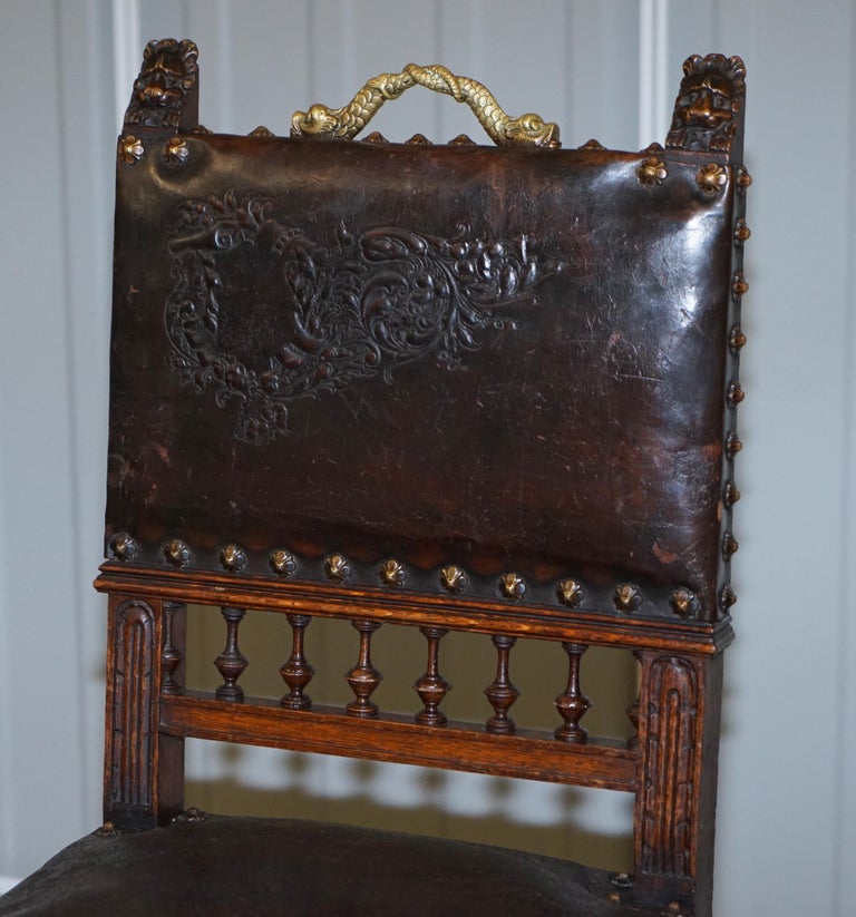 Set of Six Henry II circa 1880 French Oak and Embossed Leather Lion ...