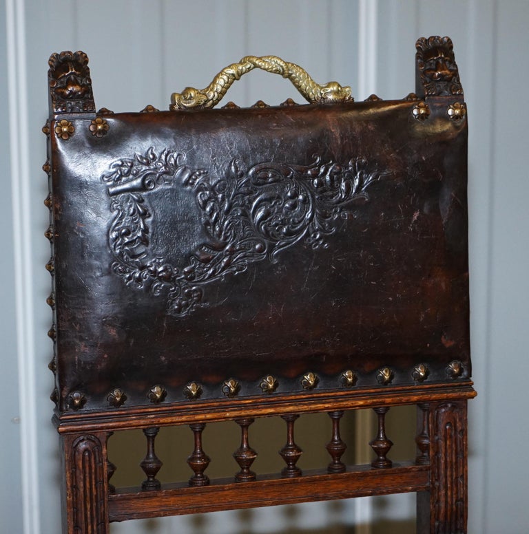 Set of Six Henry II circa 1880 French Oak and Embossed Leather Lion ...