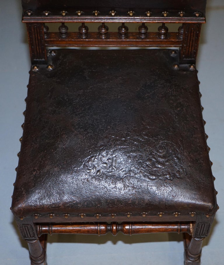 Set of Six Henry II circa 1880 French Oak and Embossed Leather Lion ...