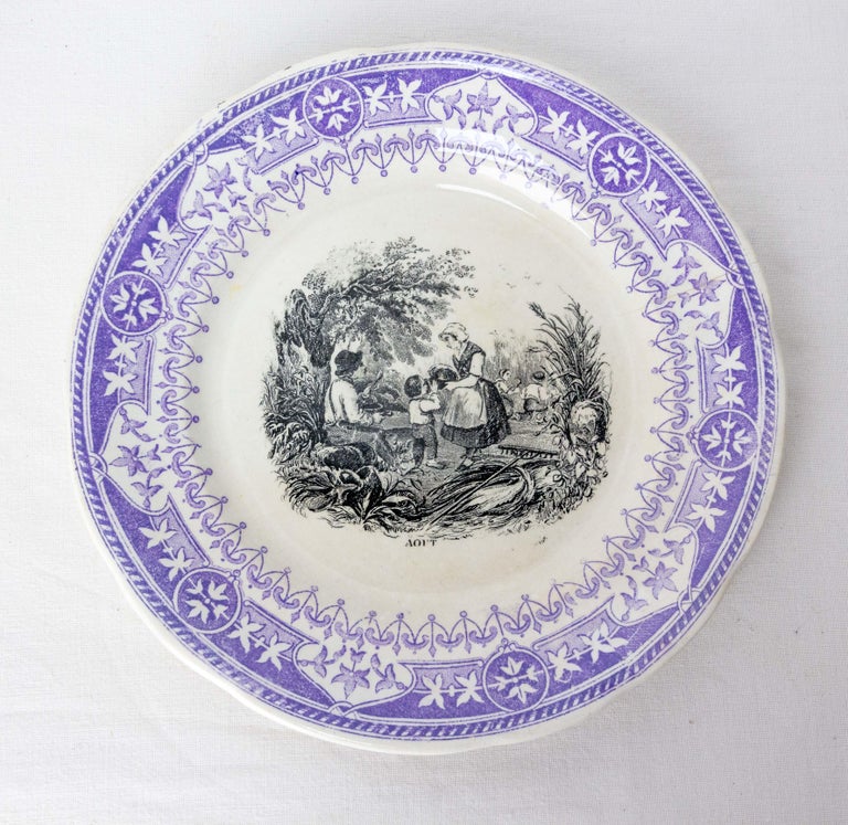 Set of Six Historized Months Family Scenes Faience Plates, France 19th ...