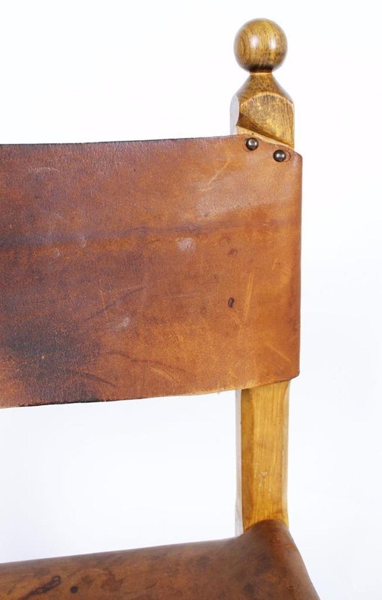 Set of Six Hungarian Folk Art Rustic Carved Oak and Leather Dining ...