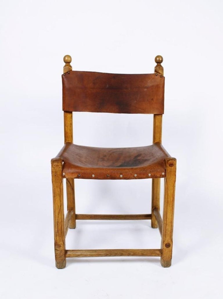 Set of Six Hungarian Folk Art Rustic Carved Oak and Leather Dining ...