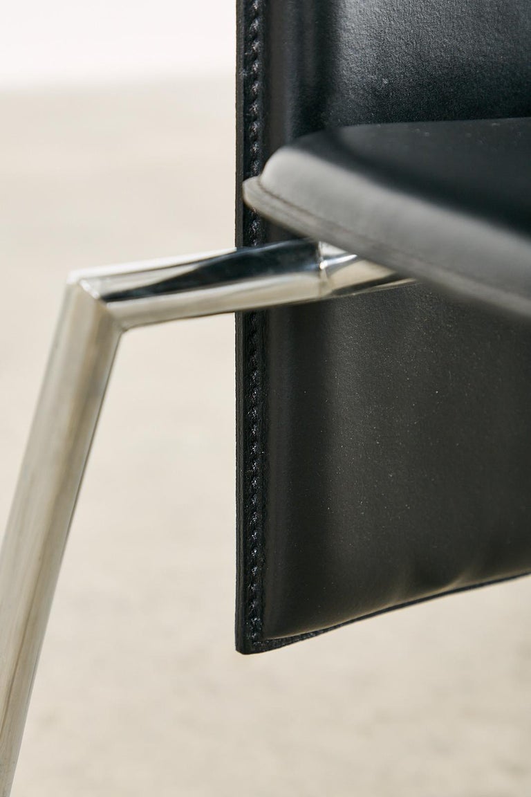 Set of Six Italian Arper Modern Leather Chrome Dining Chairs For Sale ...