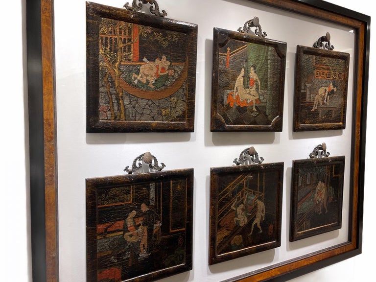 Set of Six Japanese Ido Period Shunga 'Erotica' Hanging Lacquered Wood ...
