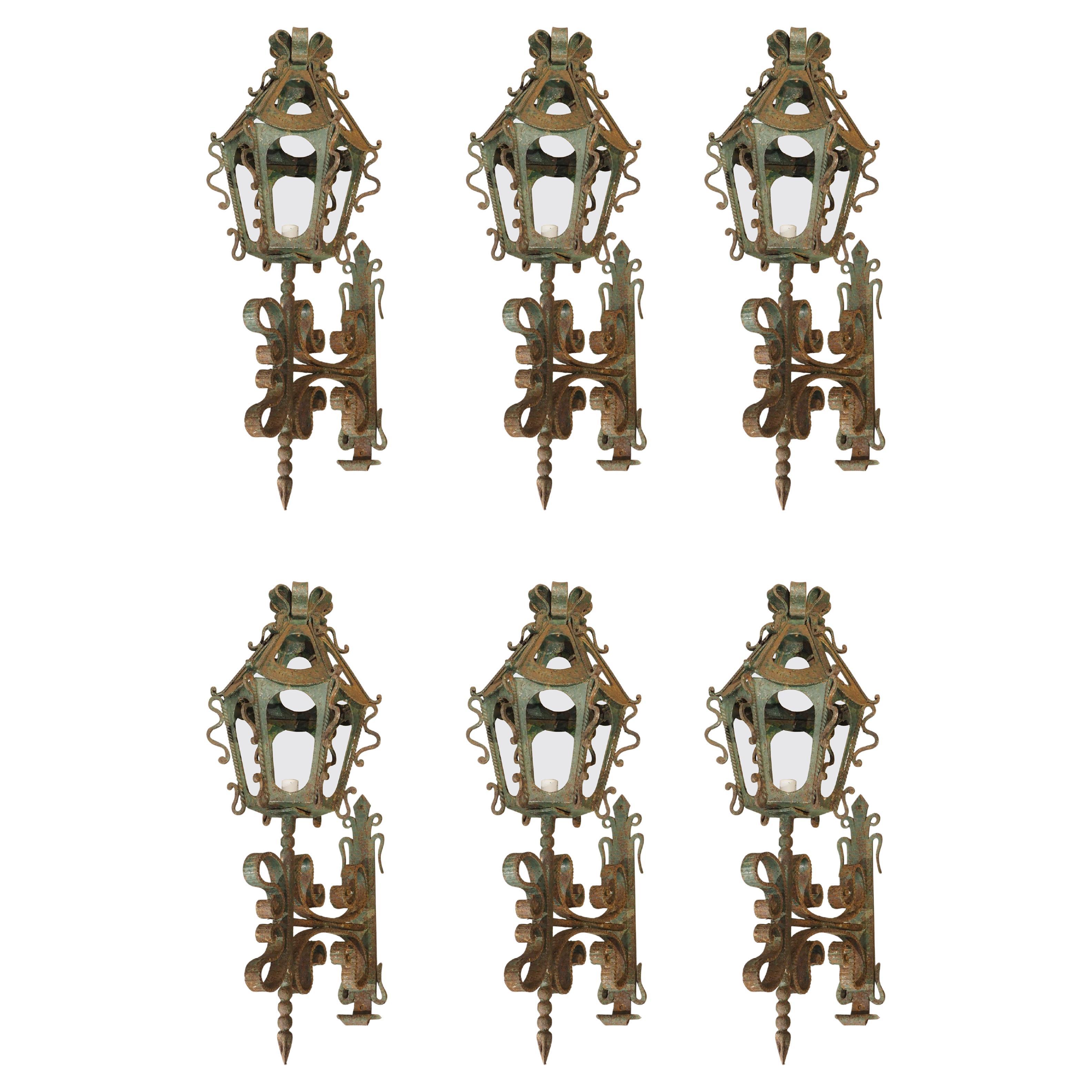 Set of Six Large Antique Cast Iron Wall Lanterns from France, Circa ...