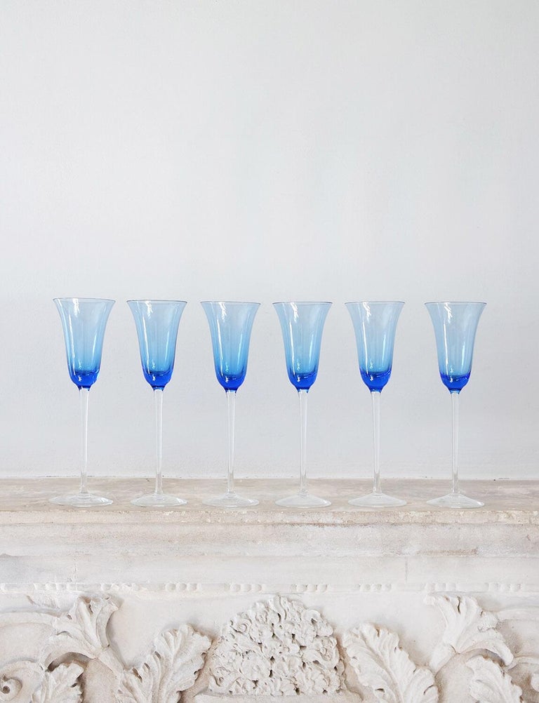 Six Italian Hand-Blown Long Stemmed '80s Blue Nason Moretti Flutes For ...