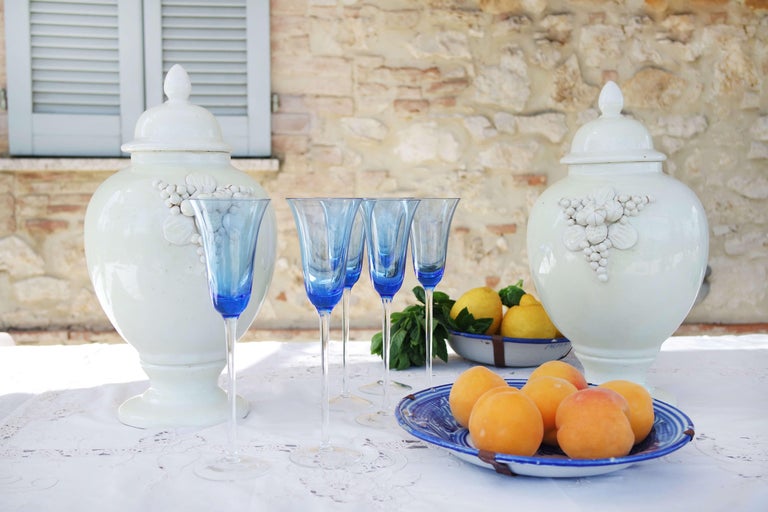 Six Italian Hand-Blown Long Stemmed '80s Blue Nason Moretti Flutes For ...