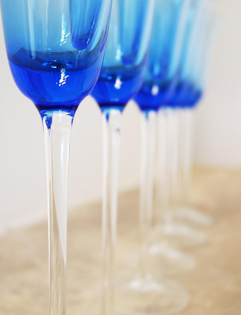 Six Italian Hand-Blown Long Stemmed '80s Blue Nason Moretti Flutes For ...