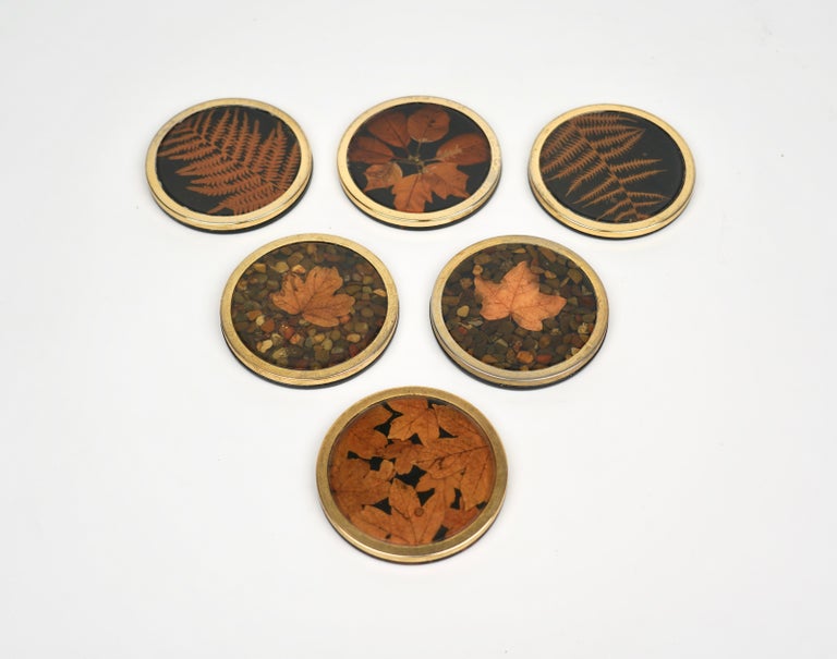 Set of Six Lucite and Brass Barware Coaster with Leaves Inclusions ...