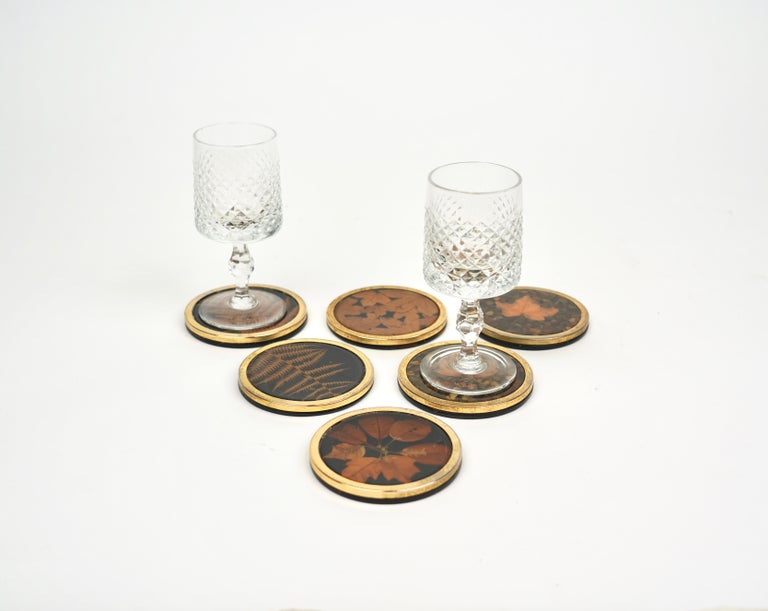 Set of Six Lucite and Brass Barware Coaster with Leaves Inclusions ...