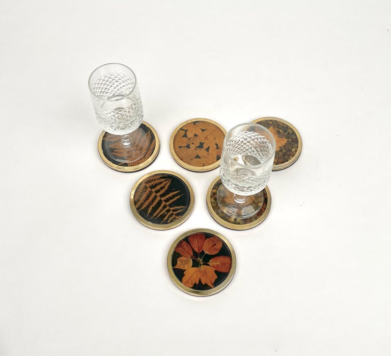Set of Six Lucite and Brass Barware Coaster with Leaves Inclusions ...