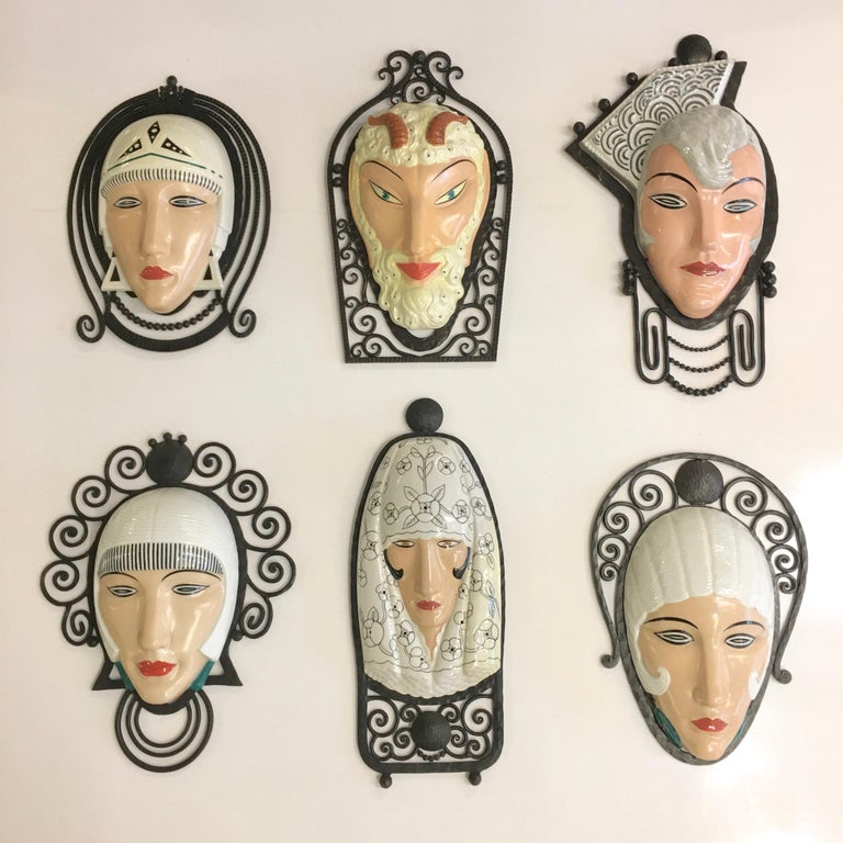 Set of Seven Marcel Bever Art Deco Mask Wall Lights For Sale at 1stdibs