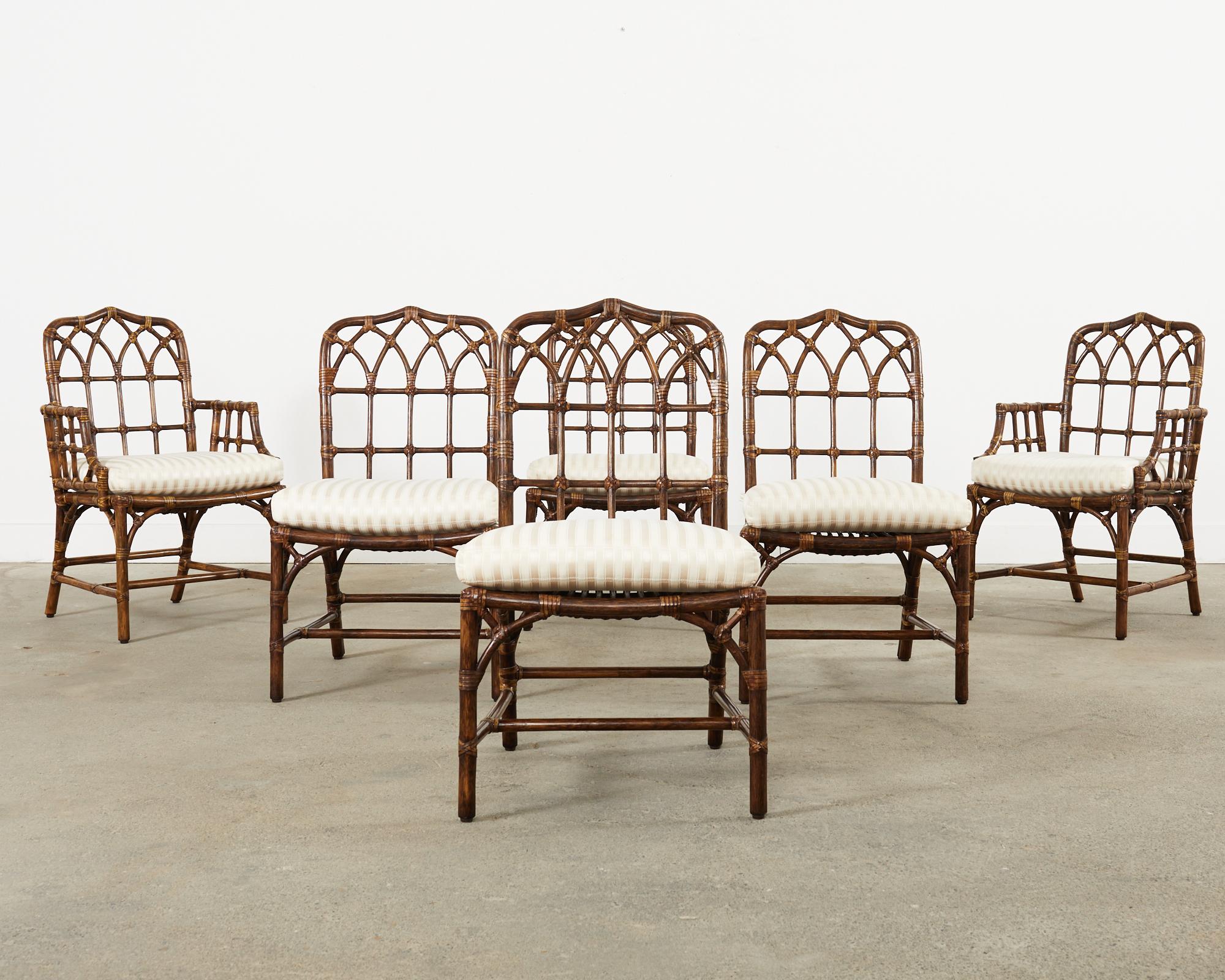 Set of Six McGuire Rattan Cathedral Back Dining Chairs For Sale at 1stDibs