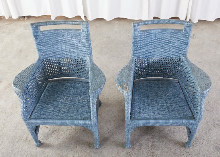 Set of Six McGuire Woven Rattan French Blue Dining Chairs at 1stDibs ...
