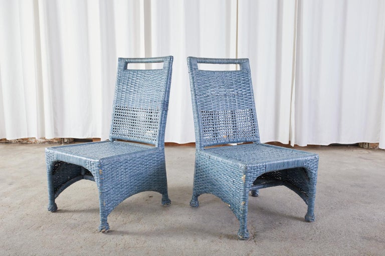 Set of Six McGuire Woven Rattan French Blue Dining Chairs at 1stDibs ...