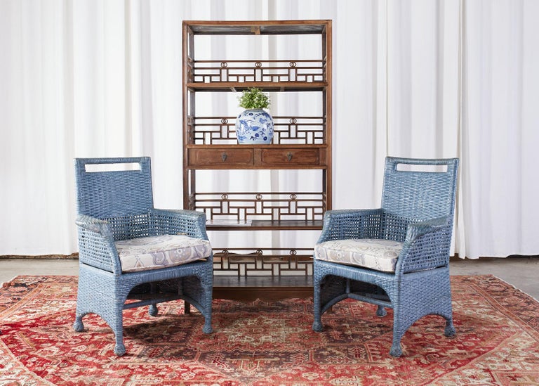 Set of Six McGuire Woven Rattan French Blue Dining Chairs at 1stDibs ...