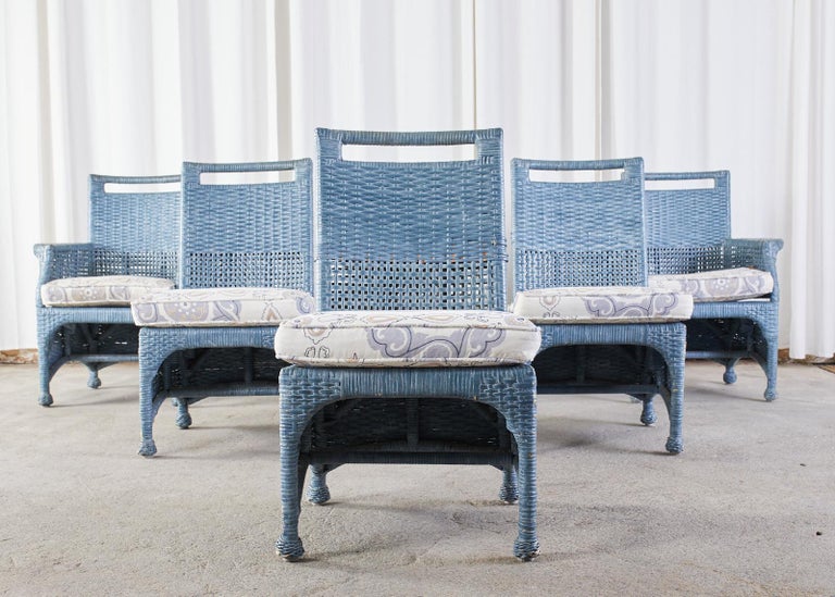 Set of Six McGuire Woven Rattan French Blue Dining Chairs at 1stDibs ...