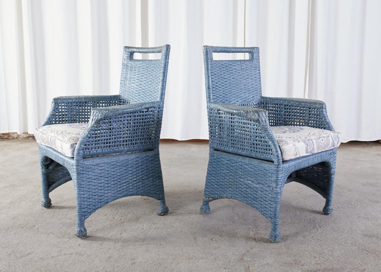 Set of Six McGuire Woven Rattan French Blue Dining Chairs at 1stDibs ...