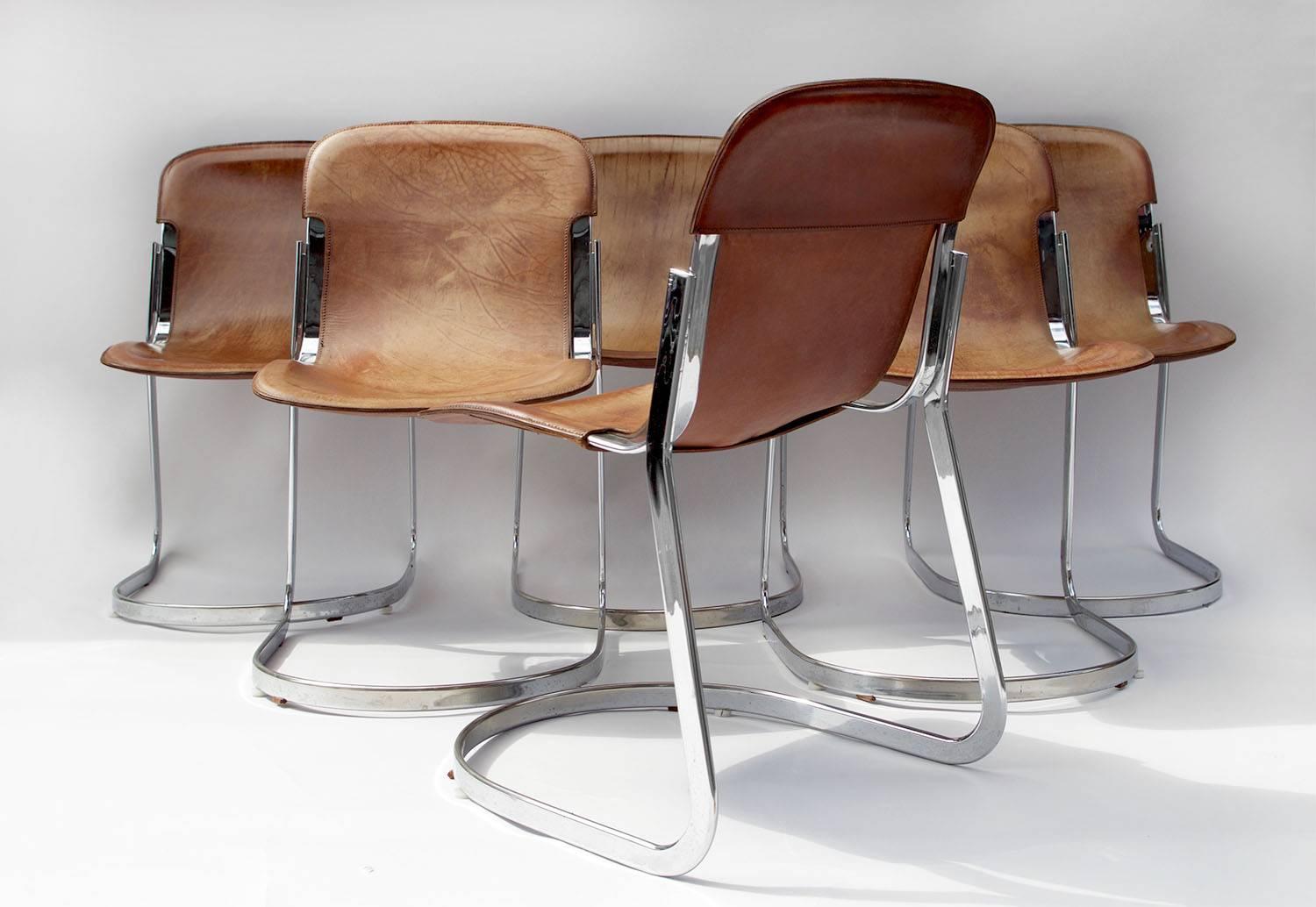 Set of Six Metal and Tawny Leather Chairs, Willy Rizzo Style, circa ...