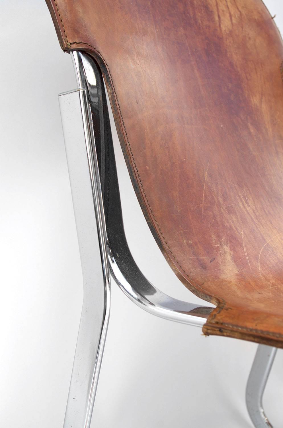 Set of Six Metal and Tawny Leather Chairs, Willy Rizzo Style, circa ...