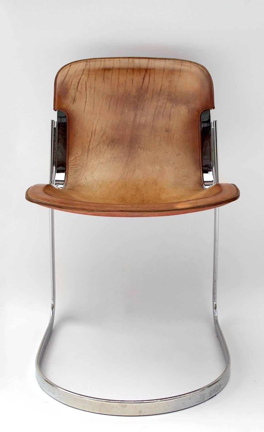 Set of Six Metal and Tawny Leather Chairs, Willy Rizzo Style, circa ...