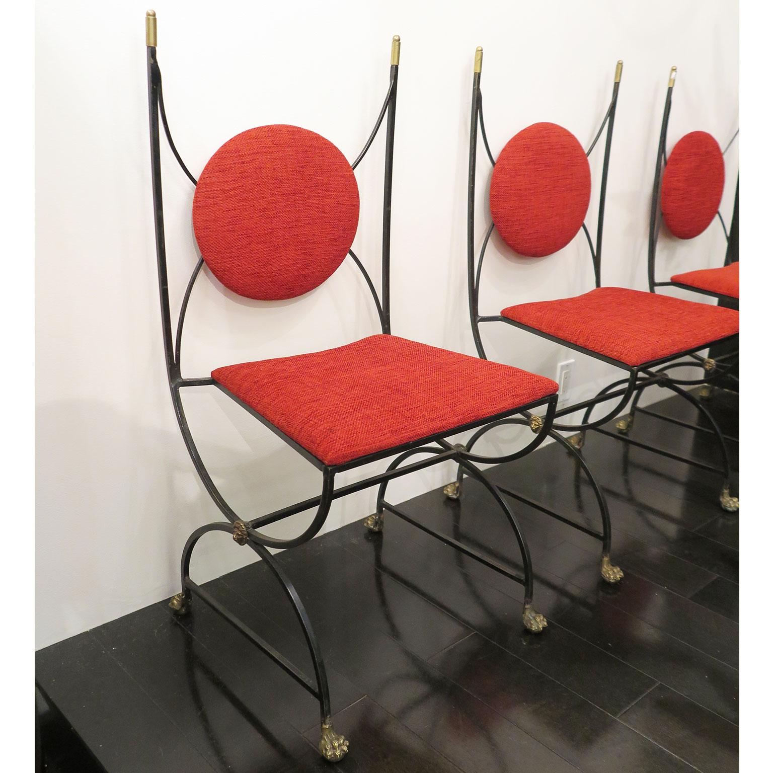 Set of Six Midcentury Chairs in Wrought Iron and Brass at 1stDibs