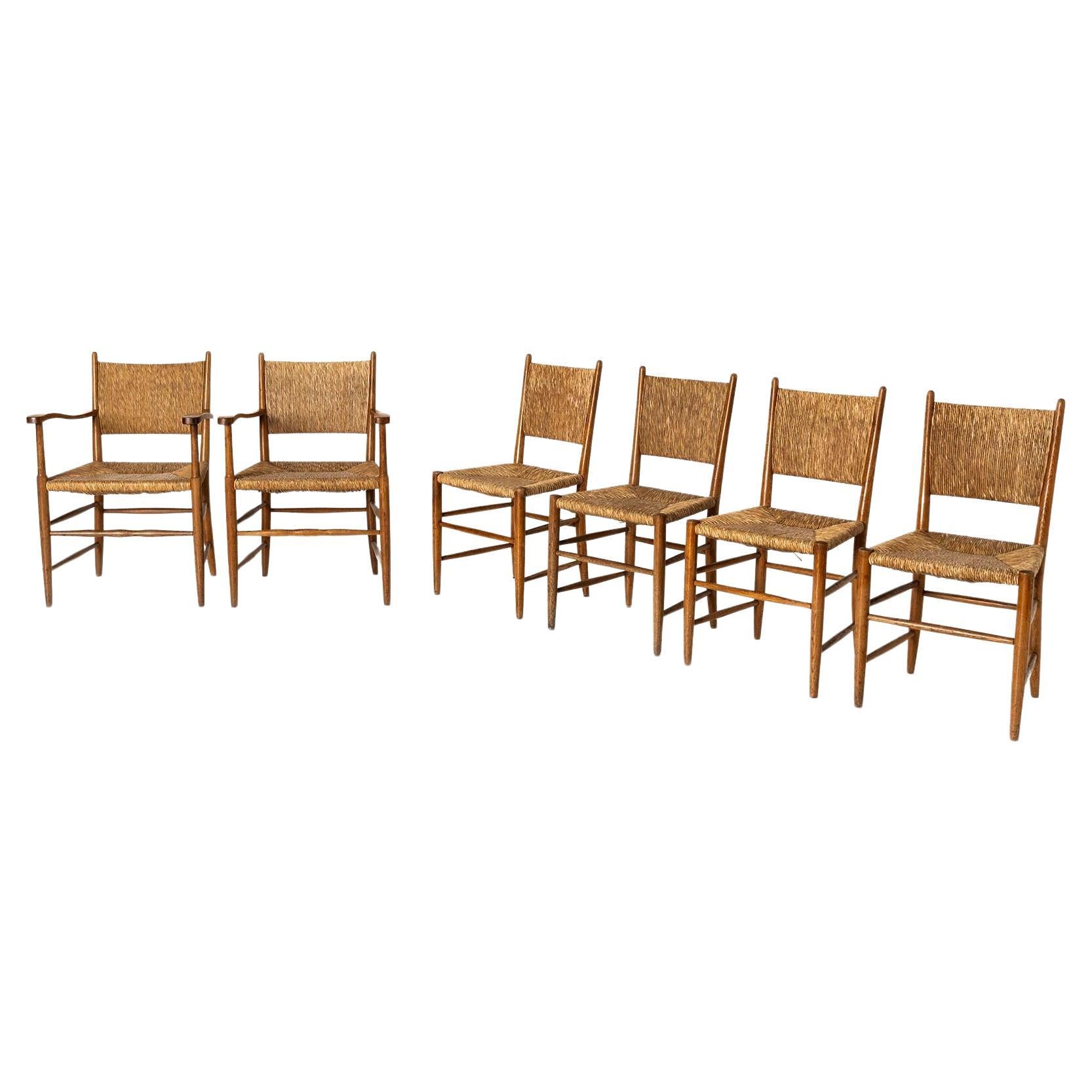Set of Four Modernist Italian Oak and Straw Chairs at 1stDibs