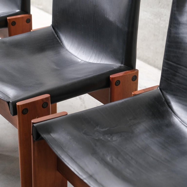 Set of Six Midcentury 'Monk' Leather and Walnut Dining Chairs by Scarpa ...