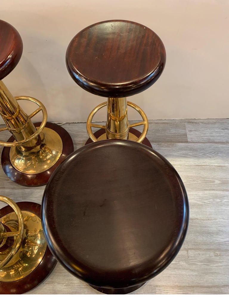 Set of Six Midcentury Solid Mahogany and Brass Nautical Bar Stools For ...