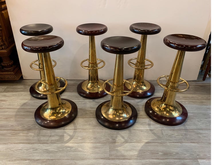 Set of Six Midcentury Solid Mahogany and Brass Nautical Bar Stools For ...