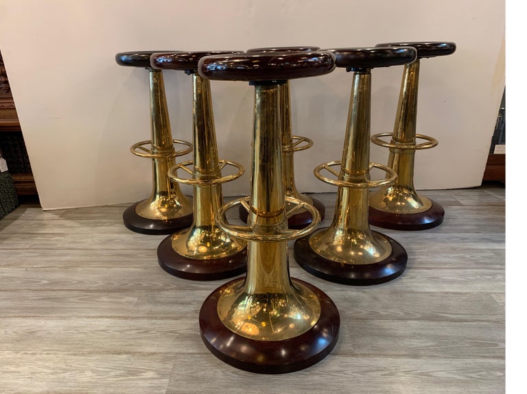 Set of Six Midcentury Solid Mahogany and Brass Nautical Bar Stools For ...