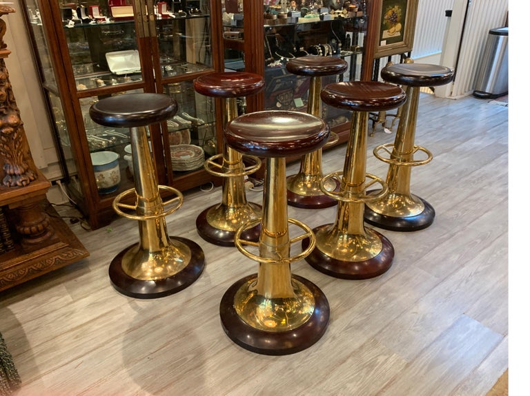 Set of Six Midcentury Solid Mahogany and Brass Nautical Bar Stools For ...
