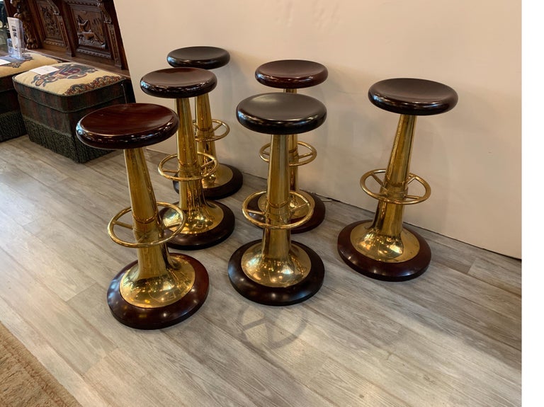Set of Six Midcentury Solid Mahogany and Brass Nautical Bar Stools For ...