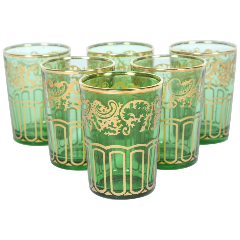 Set of Six Moroccan Green and Gold Moorish Glasses at 1stDibs