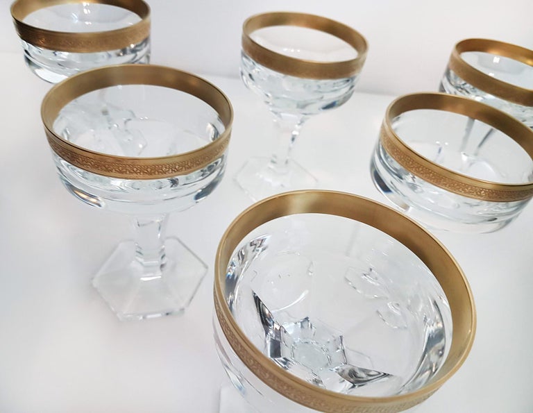 Set of Six Moser Clear Crystal Goblets with Gilded and Etched Band For ...