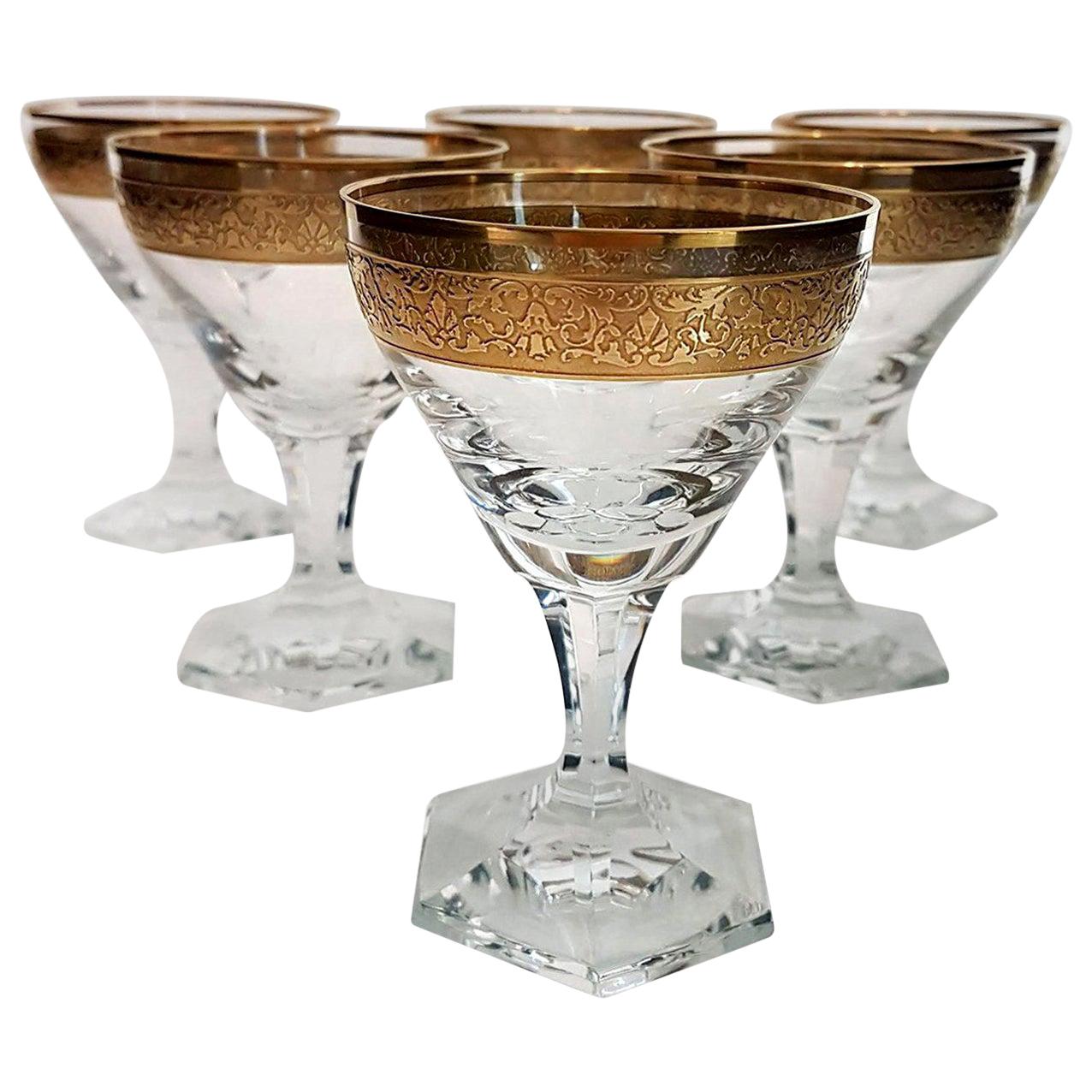 Set of Six Moser Clear Crystal Liquor Glasses with Gilded and Etched ...