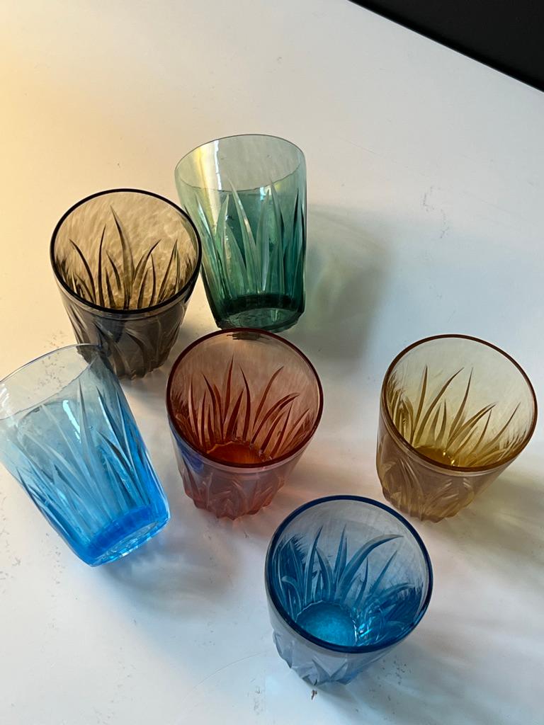 Set of Six Mouth Blown Hand Carved Multi-Color Shot Glasses For Sale at ...