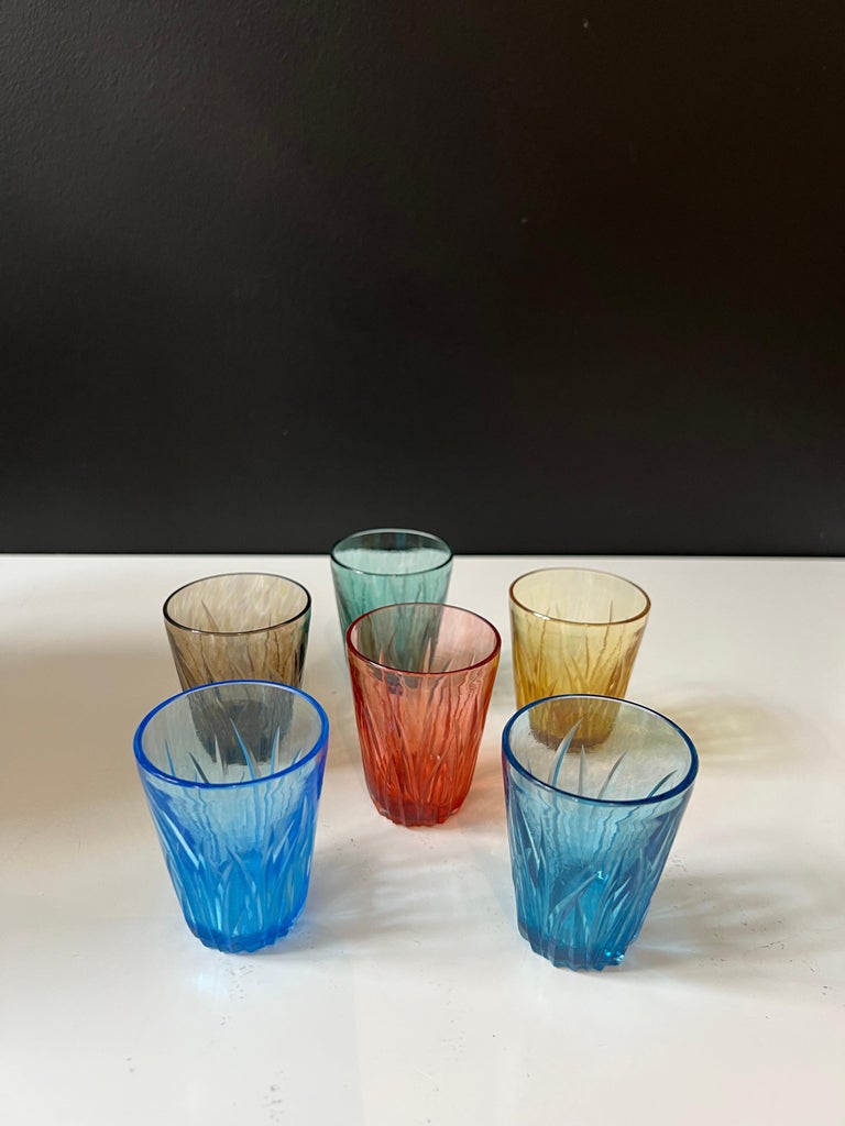 Set of Six Mouth Blown Hand Carved Multi-Color Shot Glasses For Sale at ...