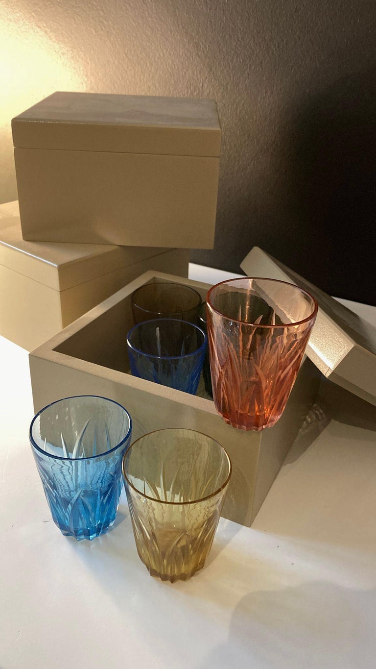 Set of Six Mouth Blown Hand Carved Multi-Color Shot Glasses For Sale at ...